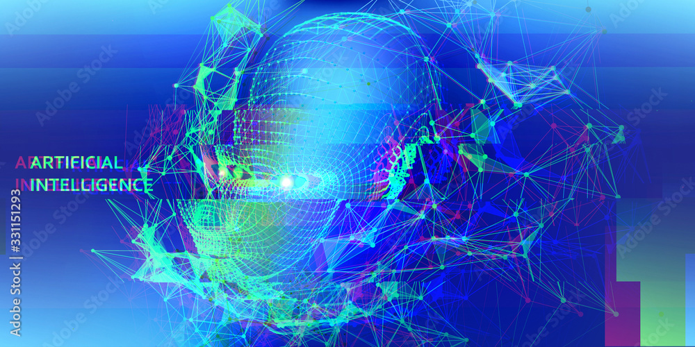 Technology glitch color background with head face on blue. Futuristic ...