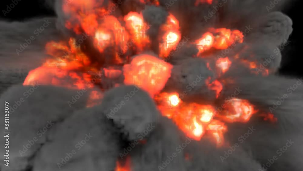 Animated many fireballs or bursts of flames with dense dark smoke ...