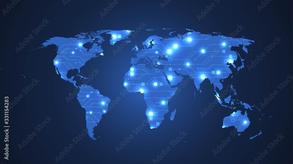 Technology abstract world map vector illustration circuit board texture ...