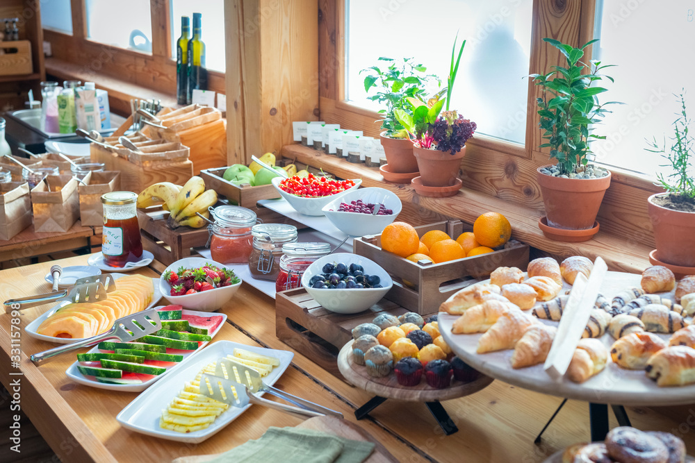 BREAKFAST BUFFET TABLE FILLED WITH ASSORTED FOODS Stock Photo | Adobe Stock