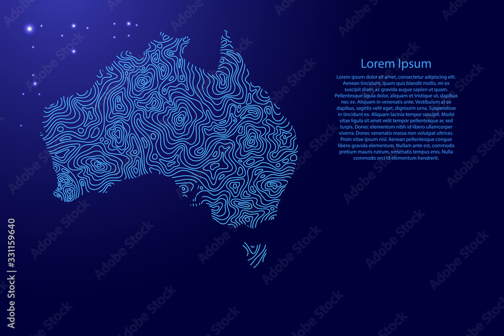 Australia map from blue isolines or level line geographic topographic ...