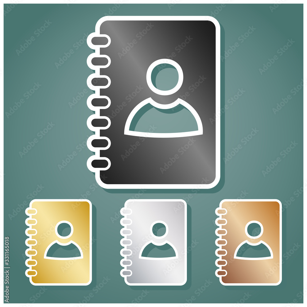 Address book sign. Set of metallic Icons with gray, gold, silver and ...