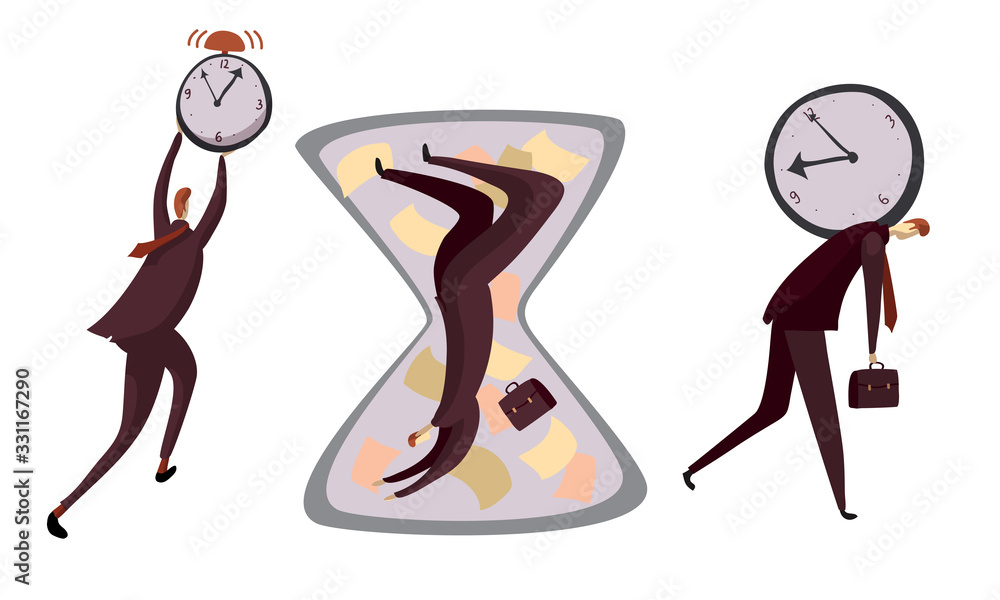 Man Carrying Clock at His Back and Falling Down in Hourglass as Running ...