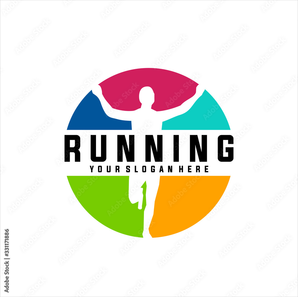 Running Man silhouette Logo with Finish ribbon, Marathon logo template ...