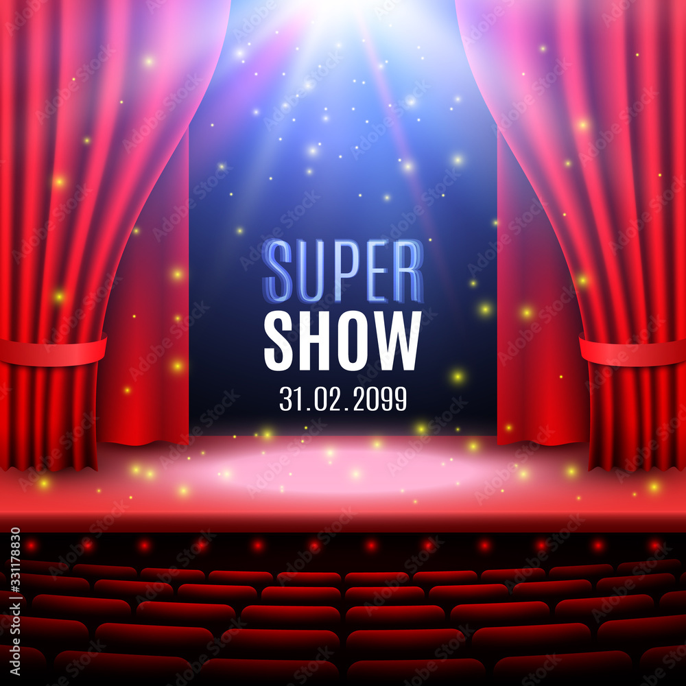 Theater stage with searchlight and lights. Podium. Concert hall. Poster ...