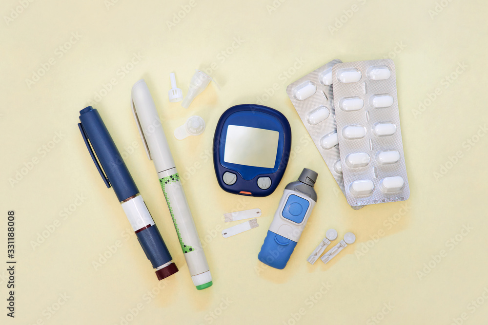 Diabetic kit: glucometer, test strips, lancet, insulin pens, metformin ...