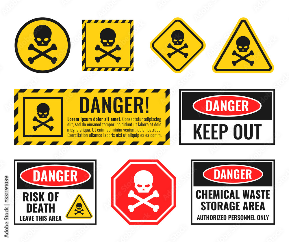 danger sign with scull and crossbones, warning icons set Stock Vector ...