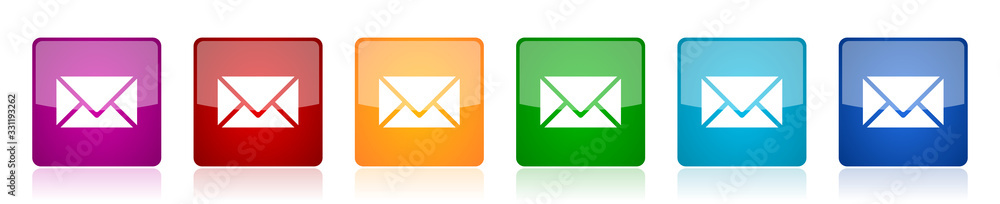 Email icon set, colorful square glossy vector illustrations in 6 ...