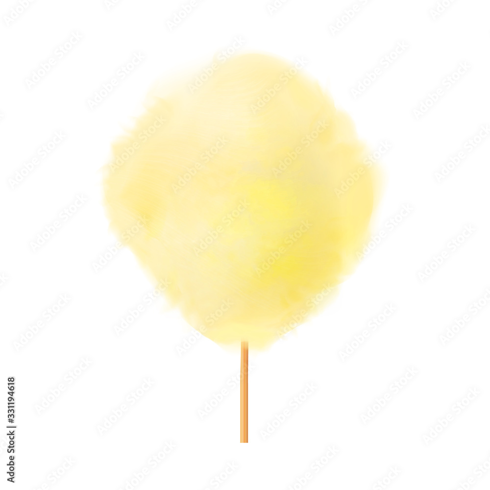 Cotton candy. Realistic yellow cotton candy on wooden stick. Summer ...