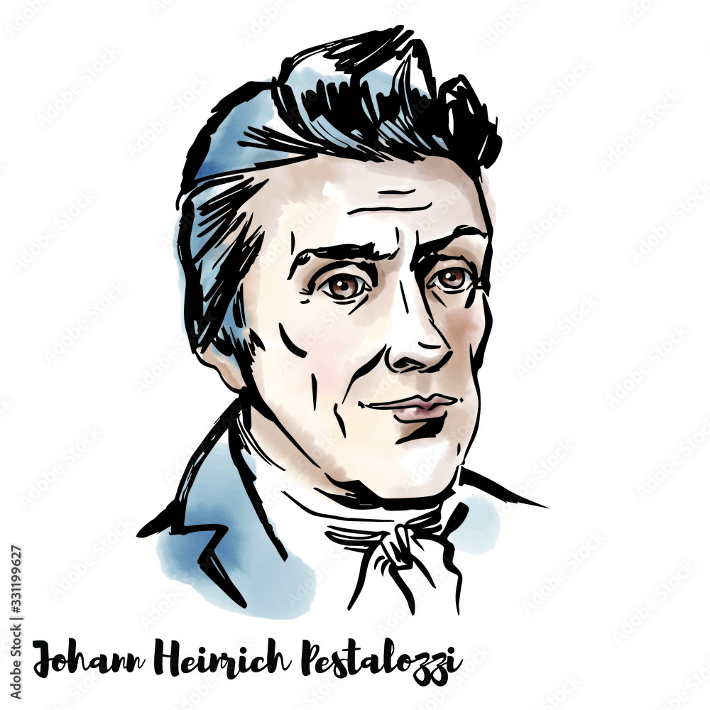Johann Heinrich Pestalozzi engraved watercolor vector portrait with ink ...
