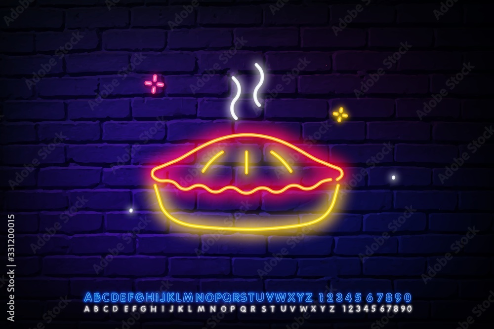 Hot pie neon sign. Thanksgiving Day and advertisement design. Night ...