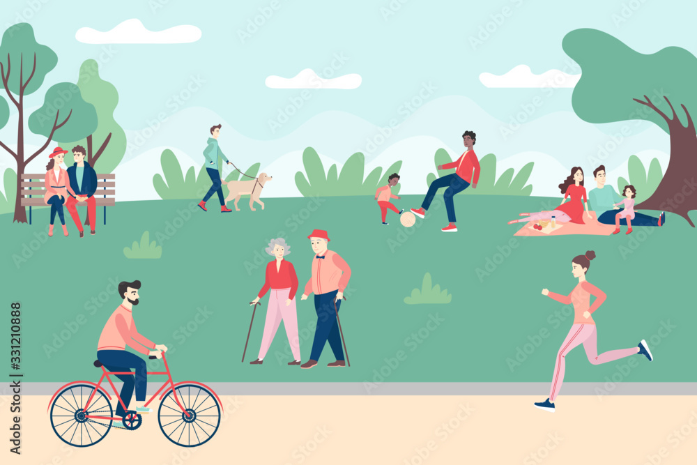Cute happy men and women in the park. People relaxing in nature in a ...