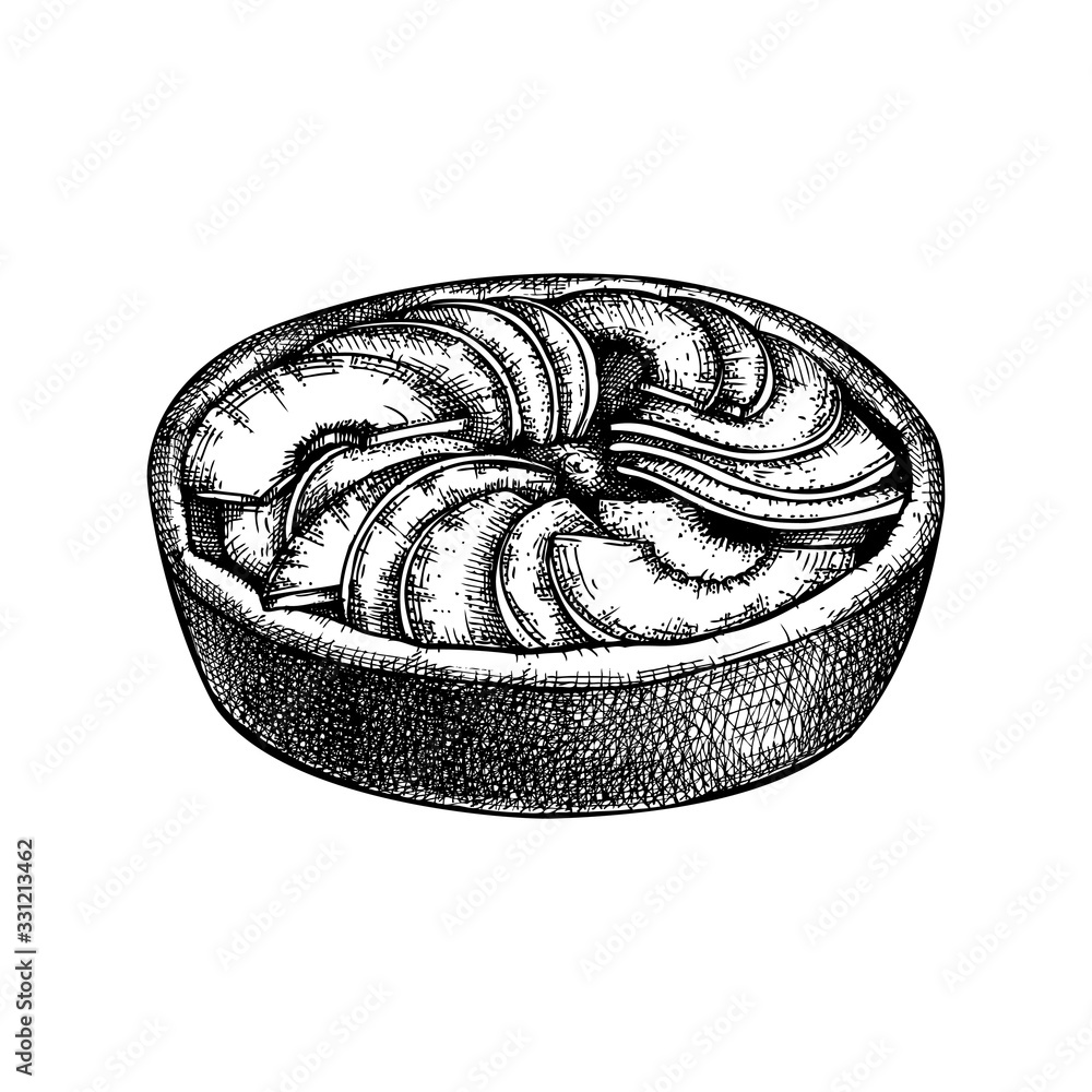 Traditional peach pie sketch. Vector illustration of ink hand drawn ...