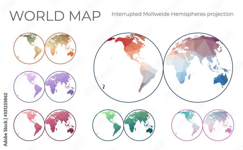Low Poly World Map Set. Mollweide projection interrupted into two ...