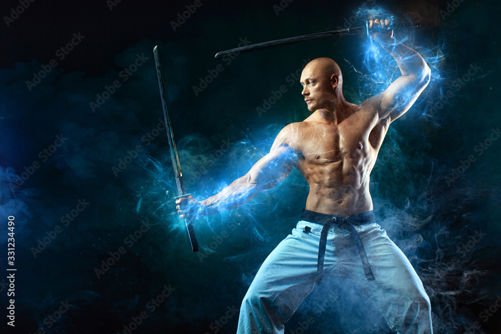 Karate fighter on black background with smoke. Shirtless man samurai ...