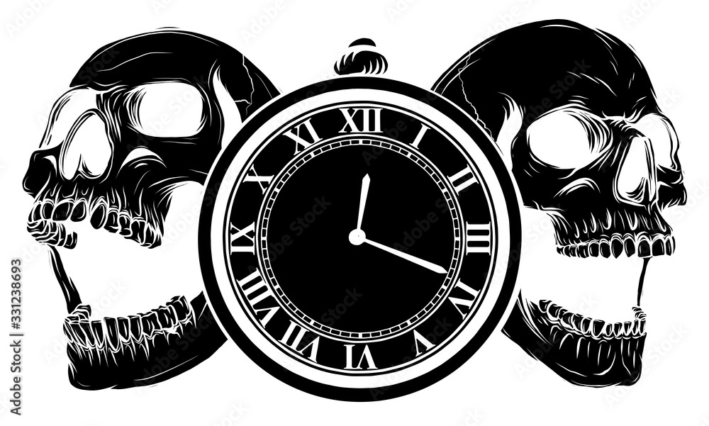 pocket watch with human skull,Time and death concept. illustration line ...