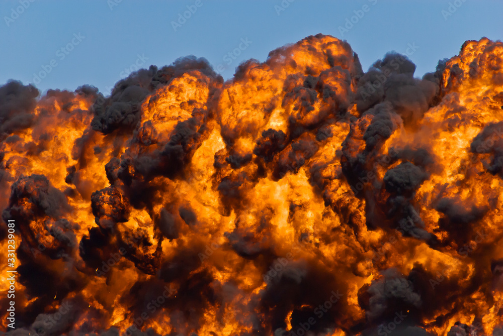 Firey explosion with thick black smoke on an airport runway. Stock ...