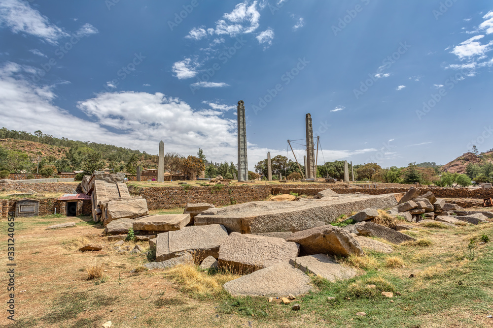ruins of famous Ancient monolith stone obelisk, symbol of the Aksumite ...