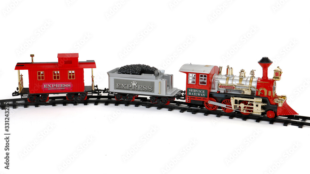 Toy train on tracks isolated on white background Stock Photo | Adobe Stock