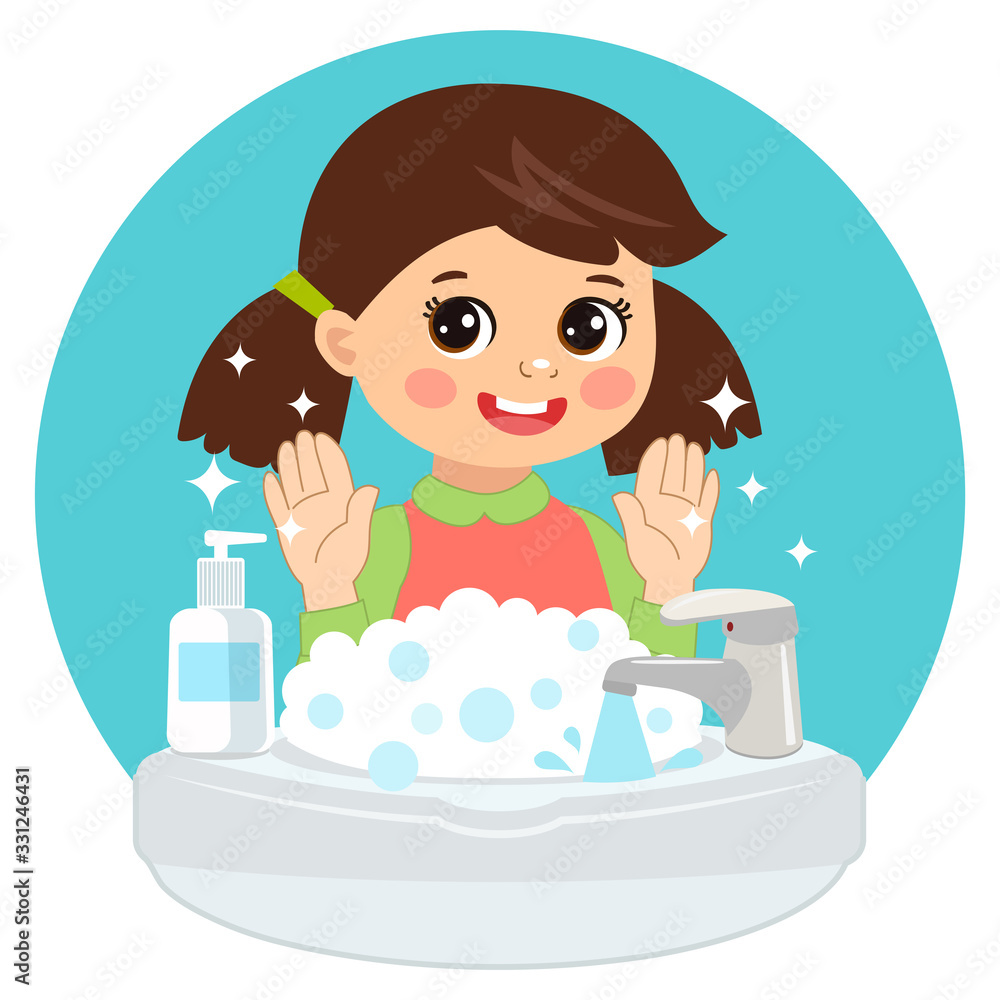Cute Young Girl washing hands in the sink illustration. Vector ... Cute Young Girl washing hands in the sink illustration. Vector ...
