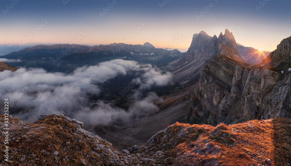 Beautiful alpine highlands Panorama. Amazing view of Seceda peak in ...