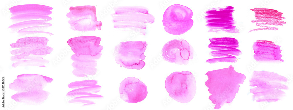 set of pink watercolor spots, brush strokes, uneven and round ...