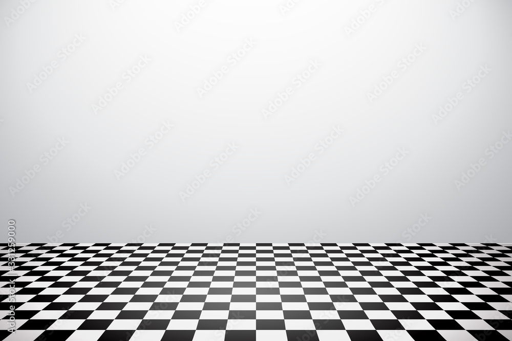 White Wall With Black and White Checkered Perspective Tiles Front View ...