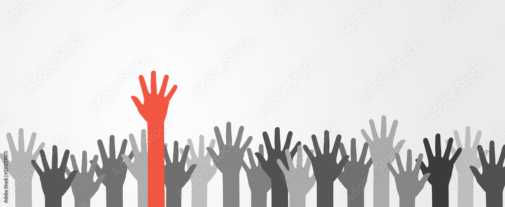 One colorful hand raised up in mass of different skin color tone of ...