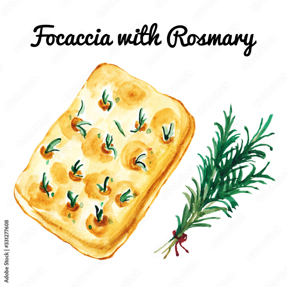 Set of watercolor focaccia with brunch of rosemary isolated on white ...