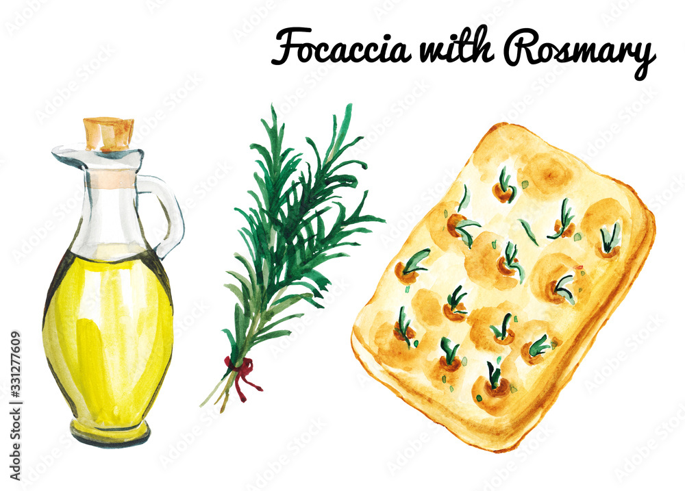 Set of watercolor focaccia with brunch of rosemary and bottle of olive ...