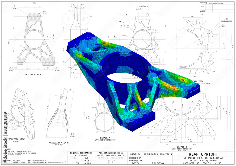 3D Illustration. Von Mises stress isometric view of car suspension ...