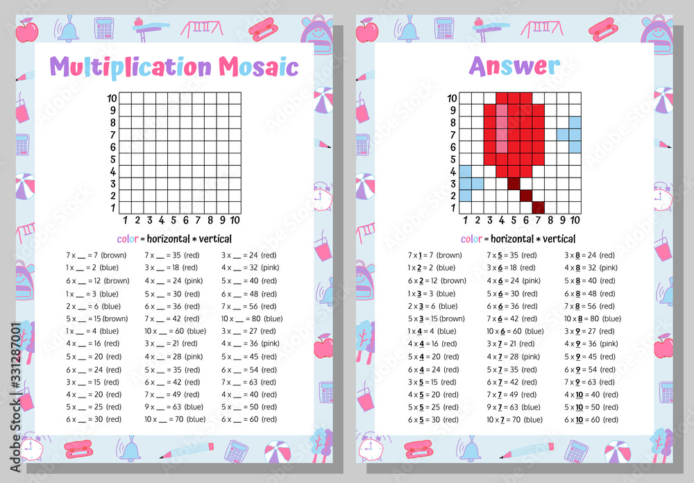 Multiplication Mosaic Math Puzzle Worksheet. Educational Game. Coloring ...