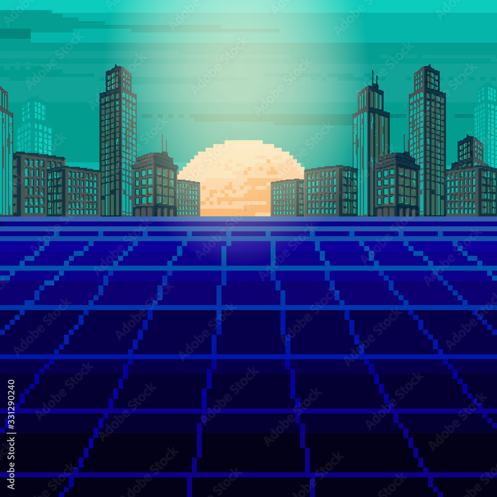 Vector pixel art of 80s Retro sci-Fi background. Pixel art background ...