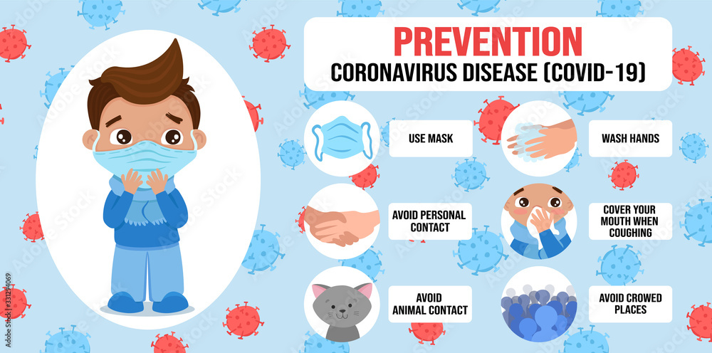 Little scared cute boy wearing medical blue mask. Infographic elements ...