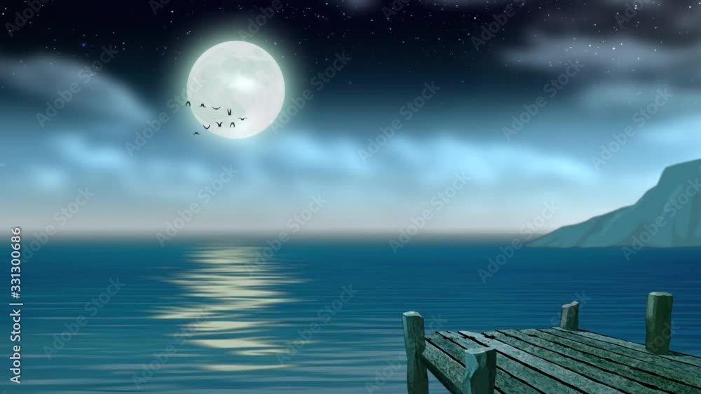 Background for the cartoon-a moonlit night with flying cartoon birds ...