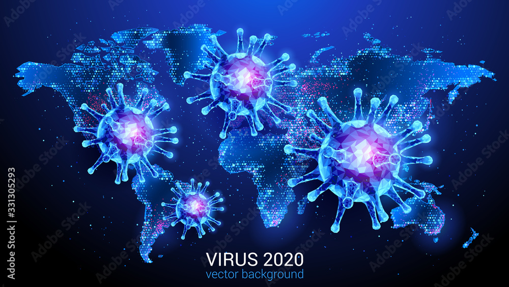 Polygonal image of a virus on the background of the planet Earth map ...