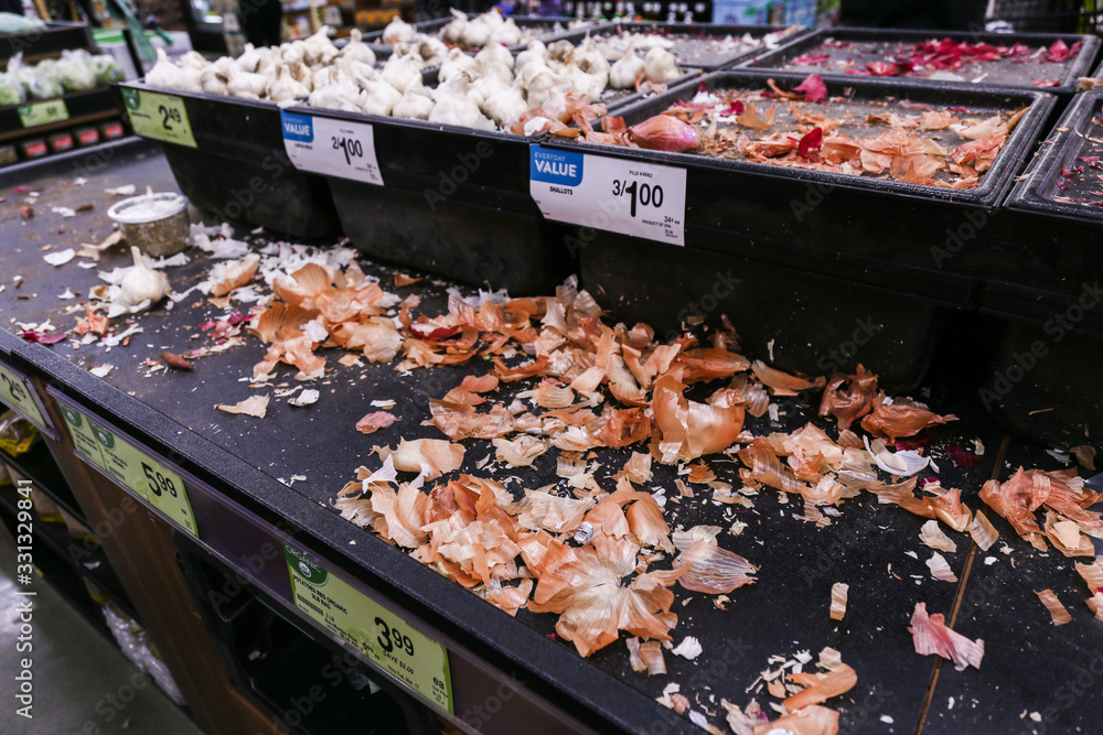 Empty produce shelf at a supermarket in San Francisco Stock Photo ...