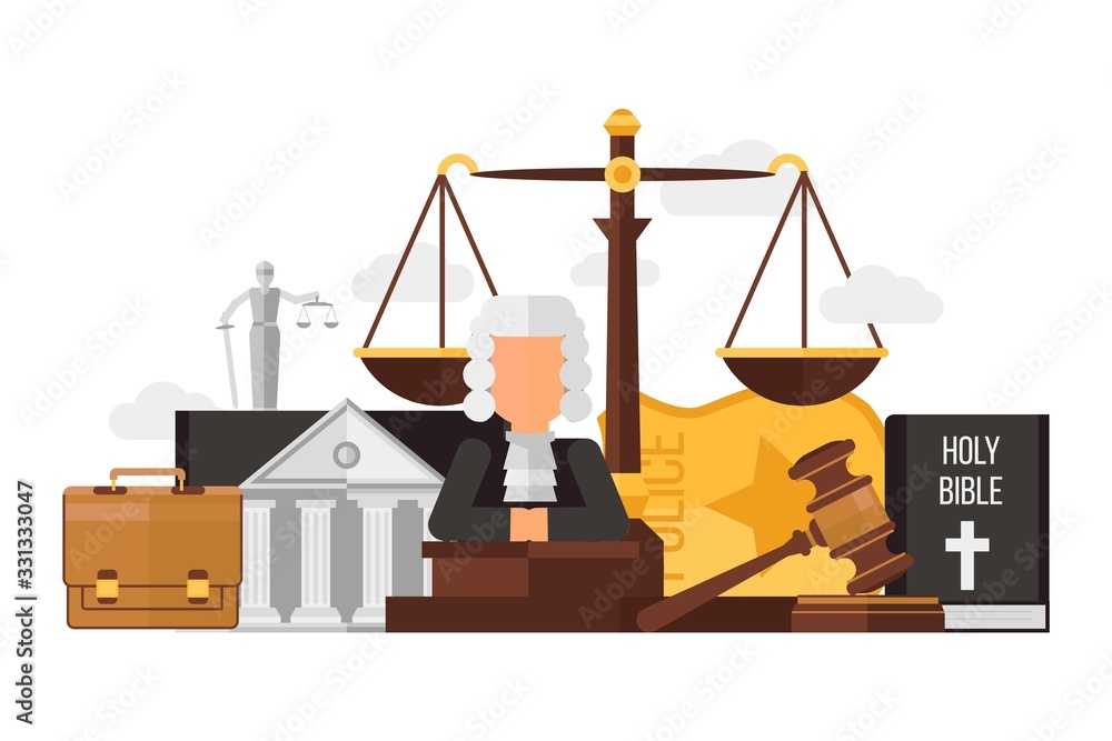 Law and justice set isolated on white, flat vector illustration. Judge ...