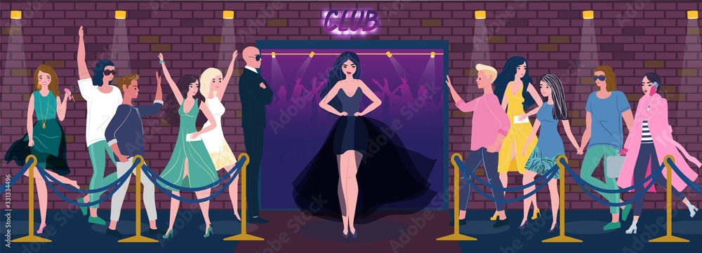 Night club entrance, beautiful woman in dress, people stand in line ...