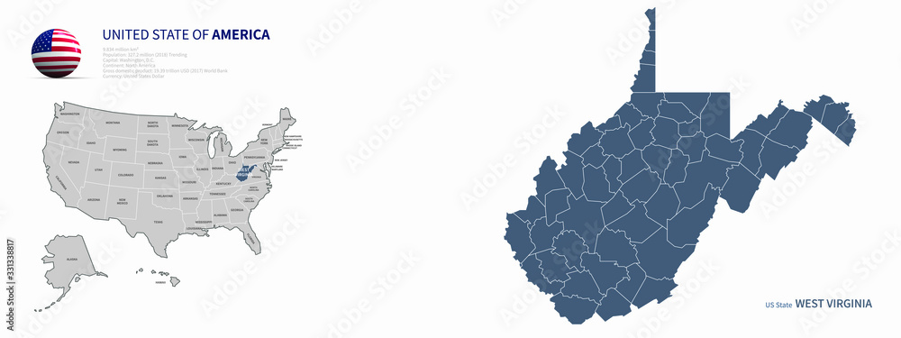 Vetor de west virginia map. united states map. Individual Map series of ...