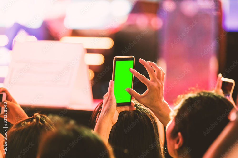 Hands of audience crowd people taking photo with mobile smart phone ...