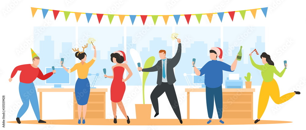 Christmas party in office vector illustration. Team of cartoon happy ...