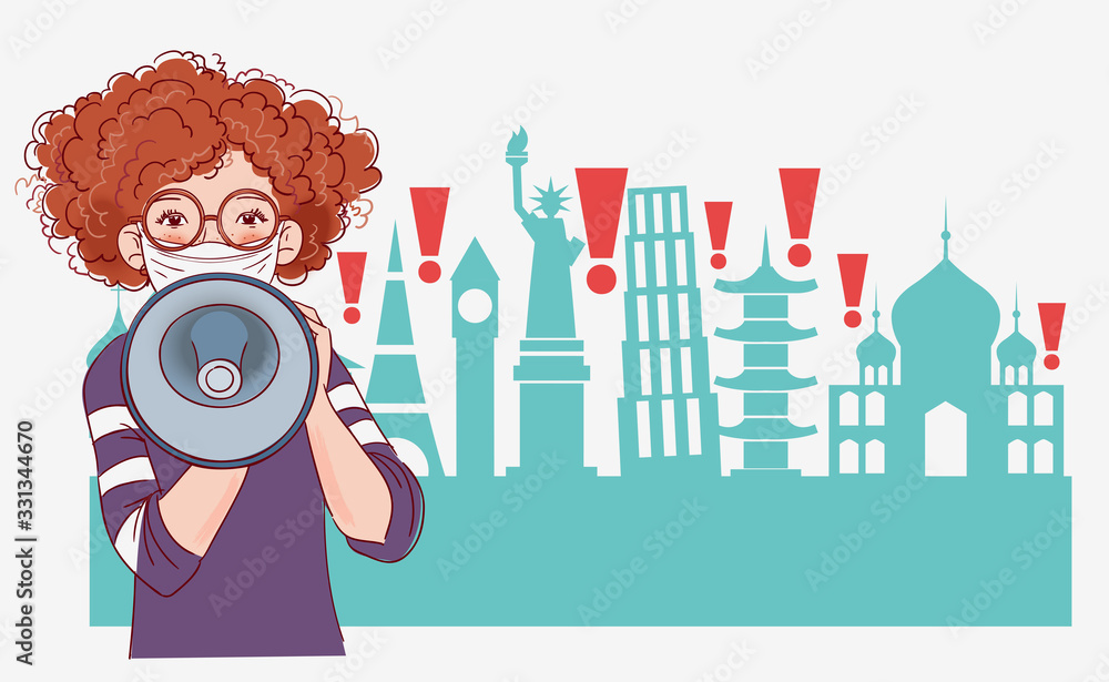 Young girl in white medical mask shouting on the megaphone. Famous ... Young girl in white medical mask shouting on the megaphone. Famous ...