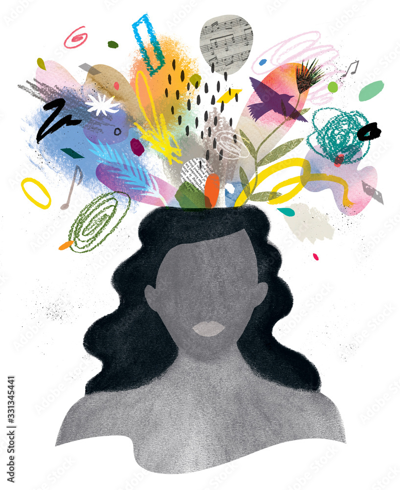 woman with abstract elements popping out of her head Stock Illustration ...