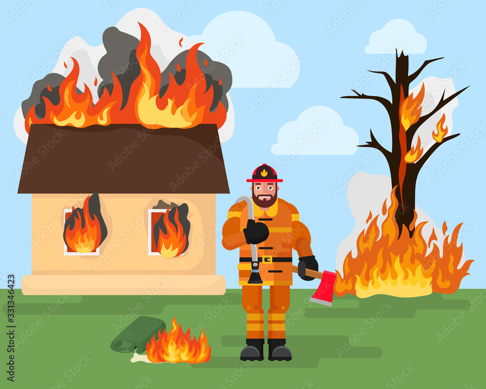 Fireman stands next to burning house vector illustration. Rescuer ...