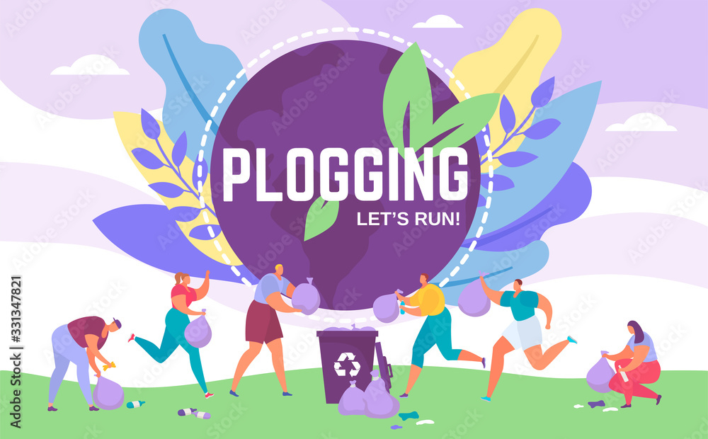 Plogging banner lets run to clear the world, vector illustration of people picking up litter ...