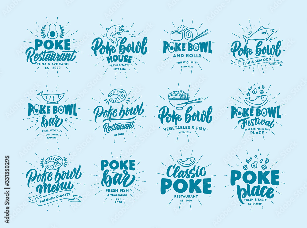 Set of vintage Poke bowl emblems and stamps. Fish bar badges, stickers ...