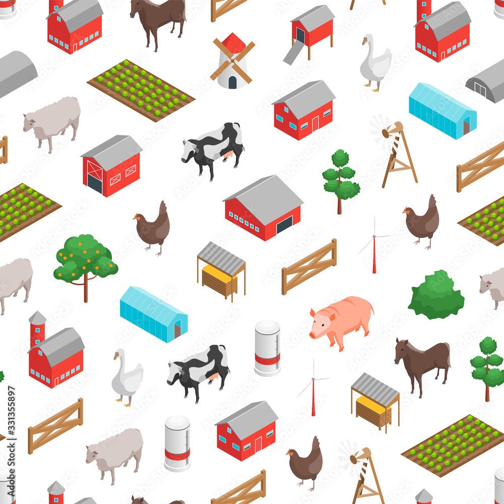 Farm Rural Concept Seamless Pattern Background 3d Isometric View ...
