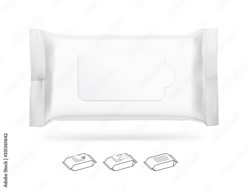 Wet wipes flow pack with realistic transparent shadows on white ...