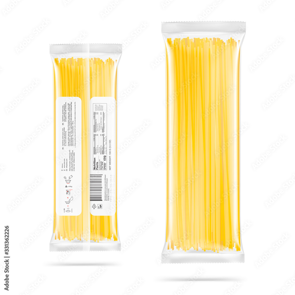 Transparent package with spaghetti pasta isolated on white background ...